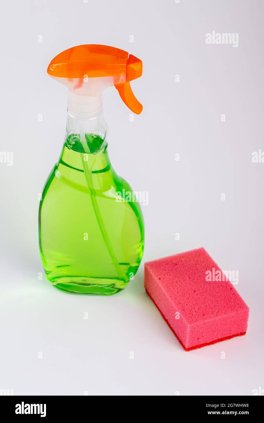Household cleaning products. Spray in bottle on white background. The ...