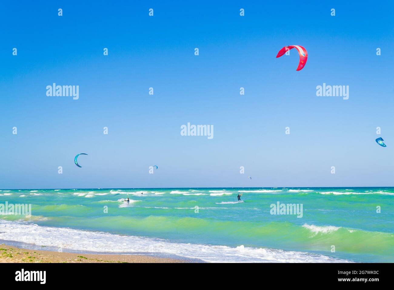 Many kite surfers at Krapets beach Black Sea coast.Krapets is a village ...