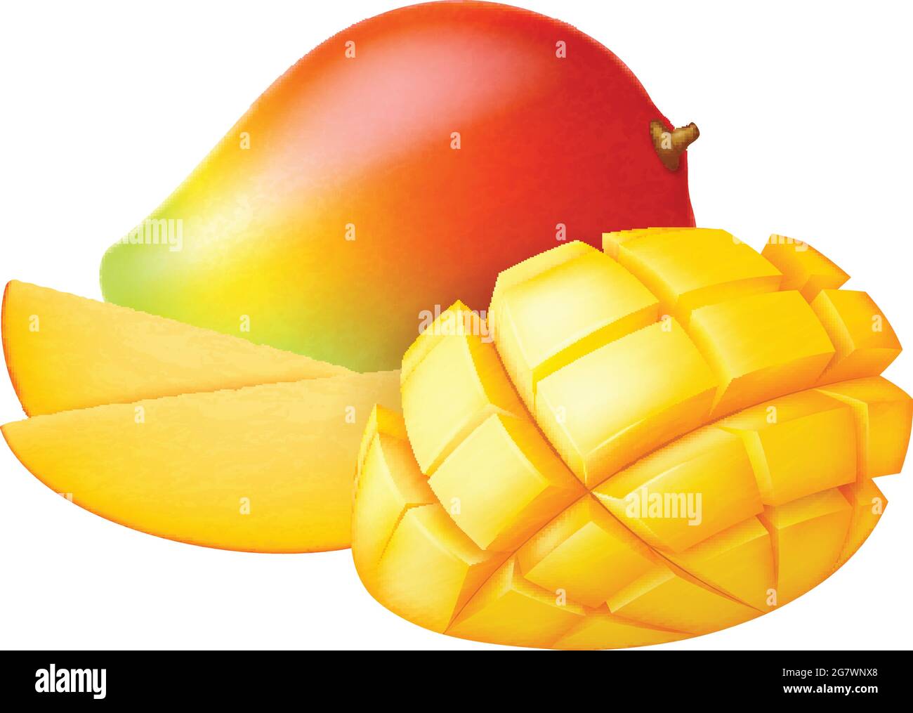 Fresh ripe mango: whole, half and slices isolated on white background ...