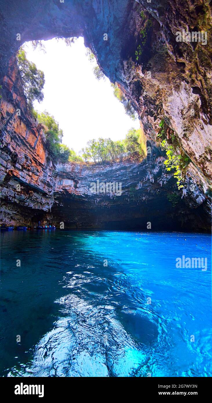 The Cave of Melissani in Kefalonia island, Greece. It is one of the ...