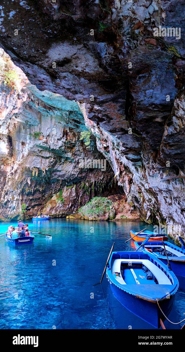 The Cave of Melissani in Kefalonia island, Greece. It is one of the ...
