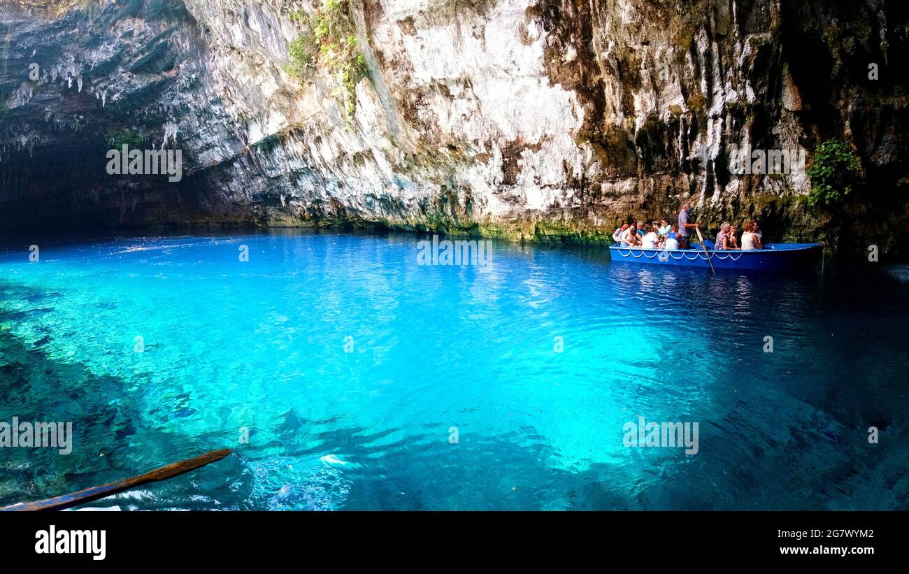The Cave of Melissani in Kefalonia island, Greece. It is one of the ...