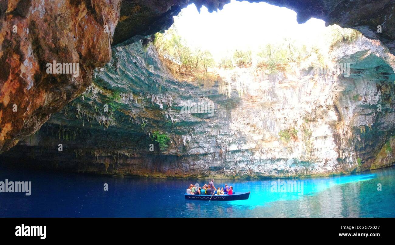 The Cave of Melissani in Kefalonia island, Greece. It is one of the ...