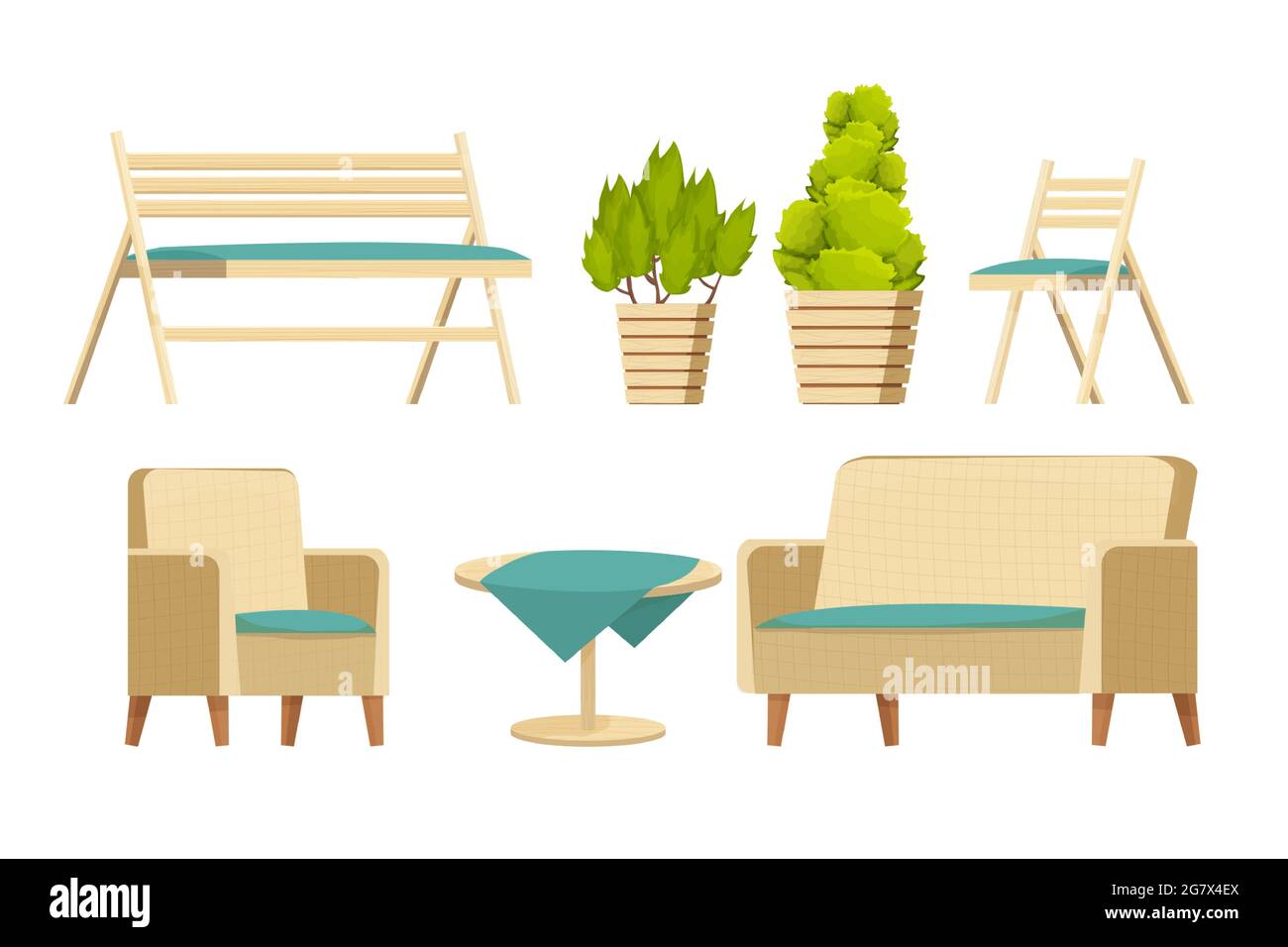 Backyard furniture set, comfortable armchair, sofa, wooden bench, table ...