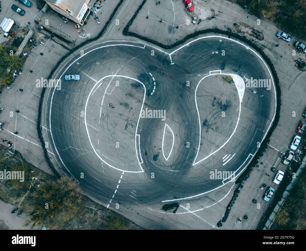 Aerial view from drone on sports track for drifting by cars on street ...