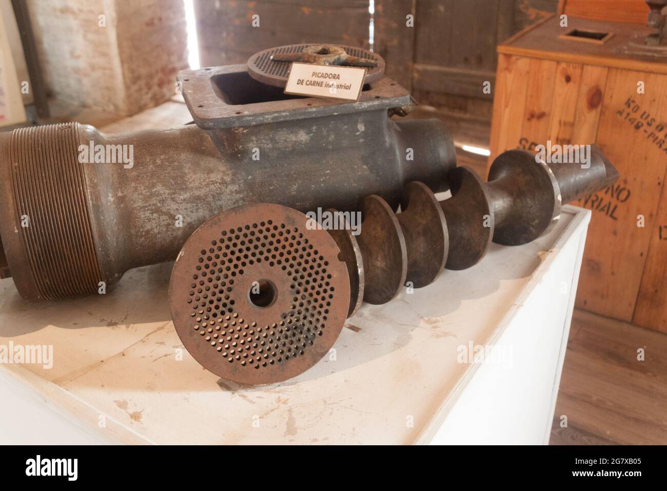 FRAY BENTOS, URUGUAY - FEB 18, 2015: Meat mincer in a former meat ...