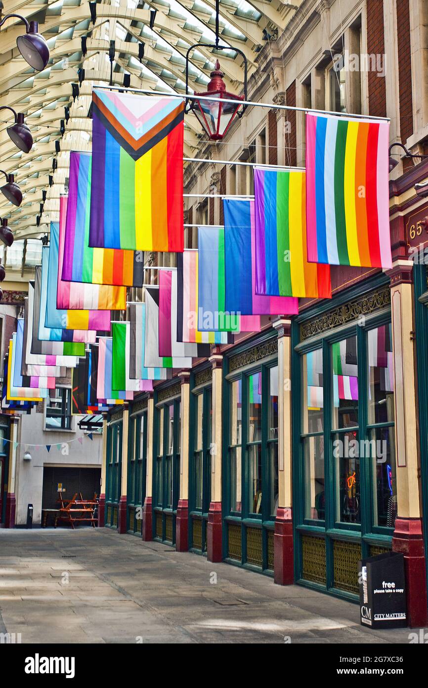 Pride Month Flags in Leadenhall market, London Stock Photo - Alamy