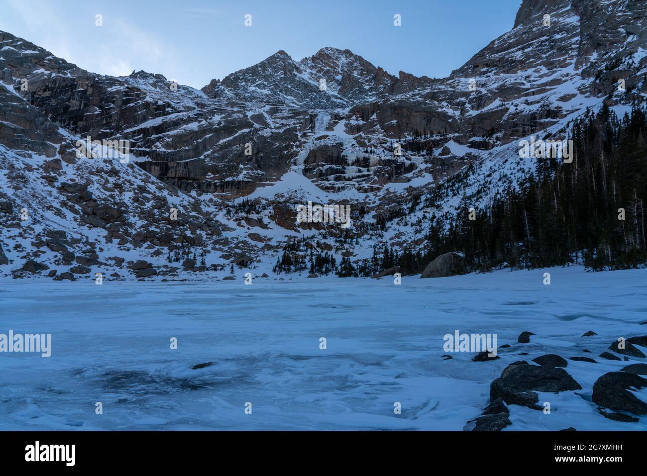 A frozen landscape in the backcountry of rmnp, Mchenry's Peak stands ...