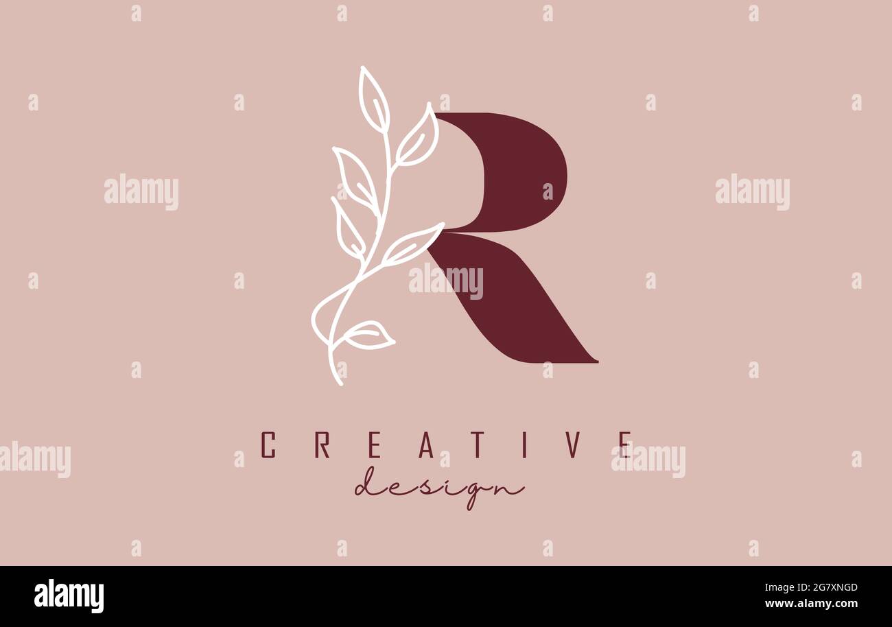 Red R letter logo design with white leaves branch vector illustration ...