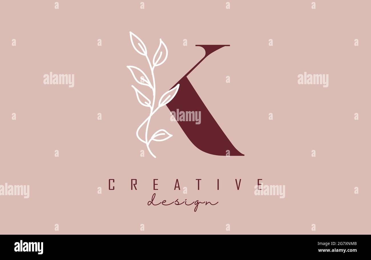 Red K letter logo design with white leaves branch vector illustration ...