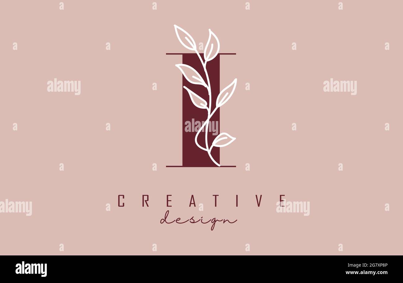 Red I letter logo design with white leaves branch vector illustration ...