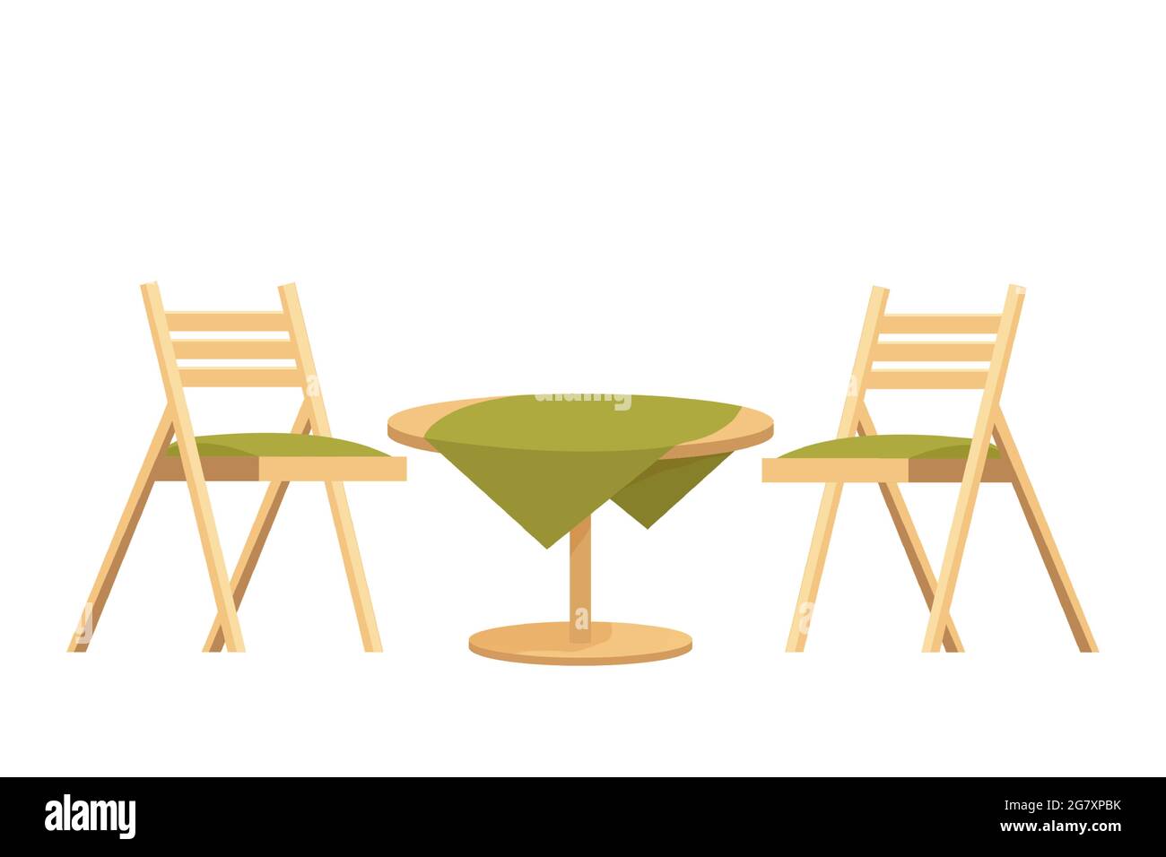 Wooden round table with tablecloth and two chairs textured in cartoon ...