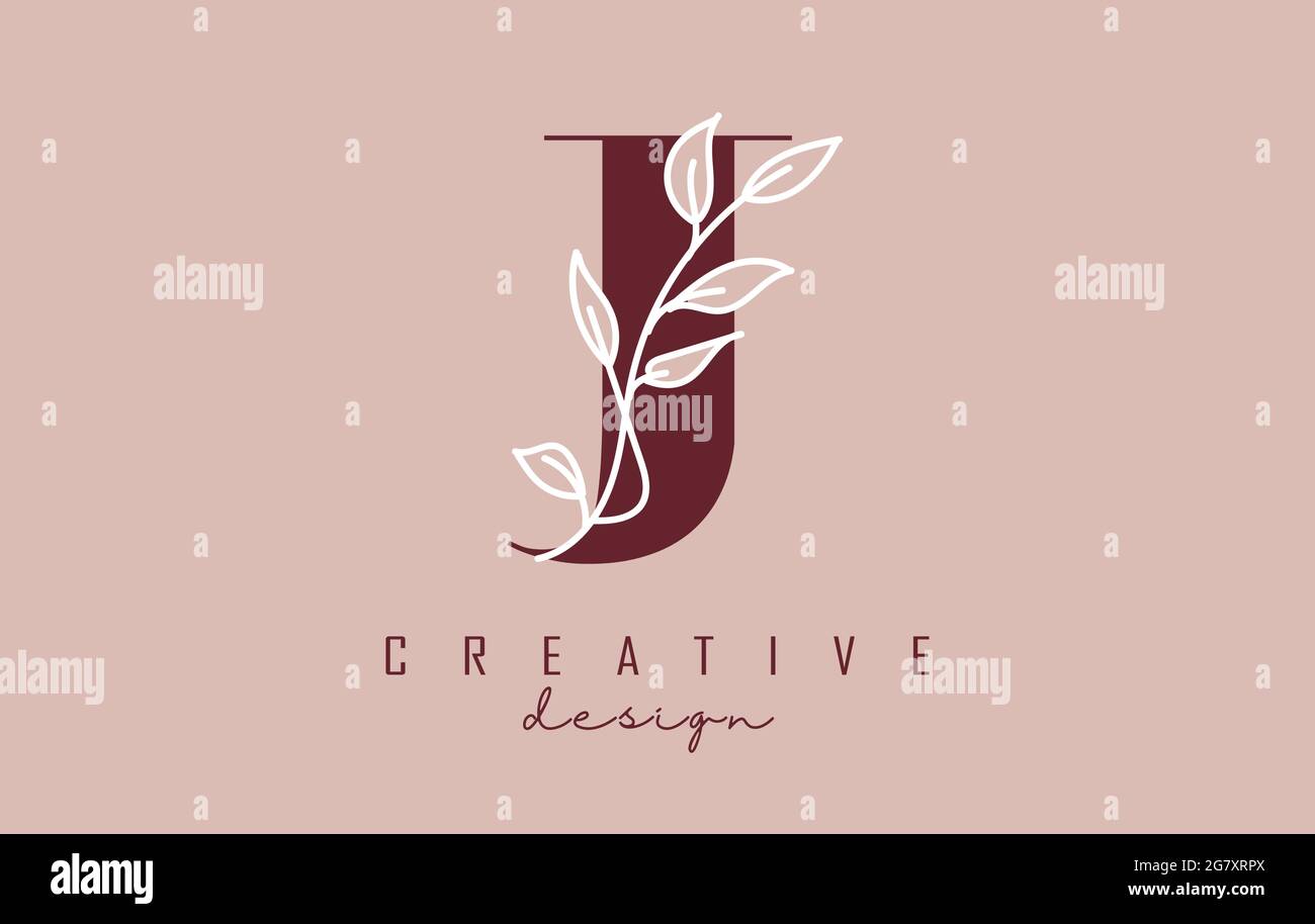 Red J letter logo design with white leaves branch vector illustration ...