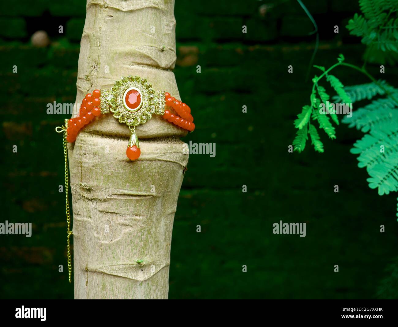 Asian pattern of necklace presented on tree branch behind green wall ...