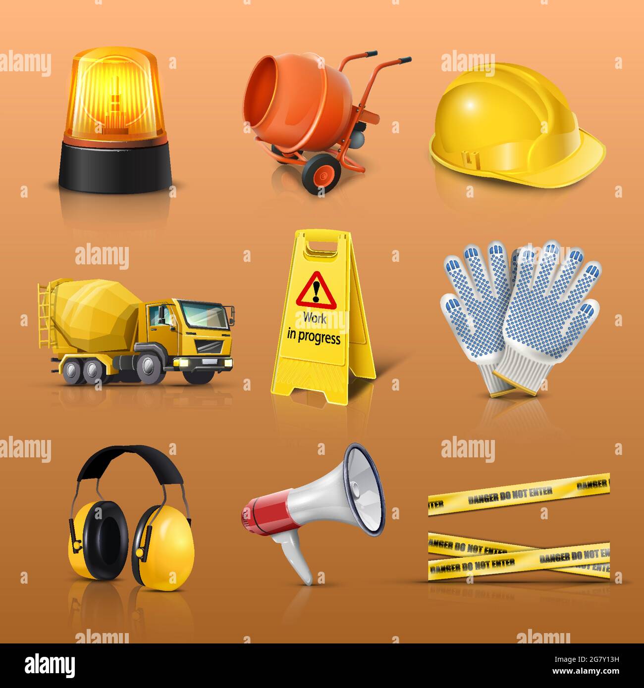 3d realistic vector icon set of construction works. Warning light ...