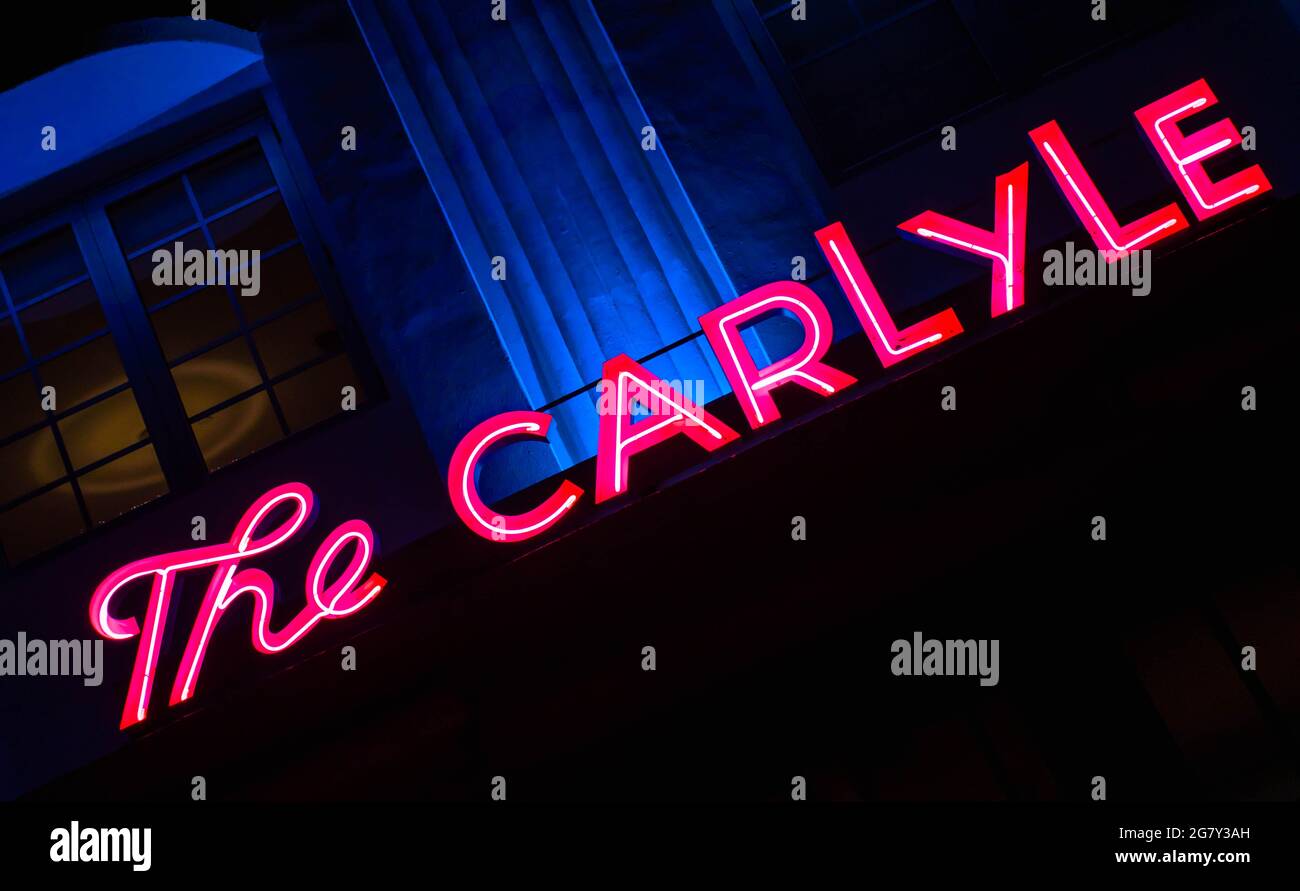 Miami Beach, Florida. June 29, 2021. Top view of illuminated Collins Av ...