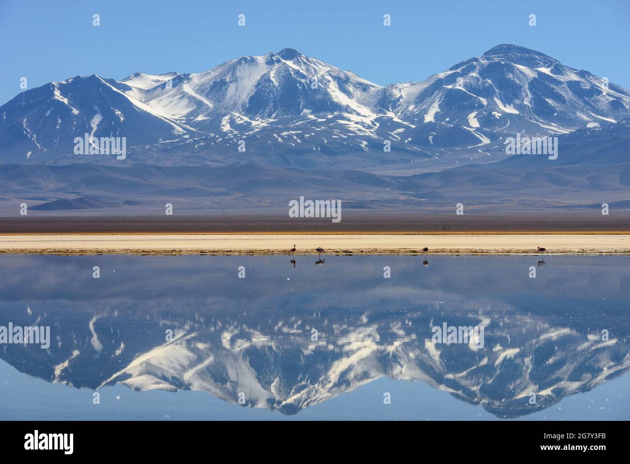 Snow Covered Nevado volcano Tres Cruces Reflecting In A High altitude Snow Covered Nevado volcano Tres Cruces Reflecting In A High altitude