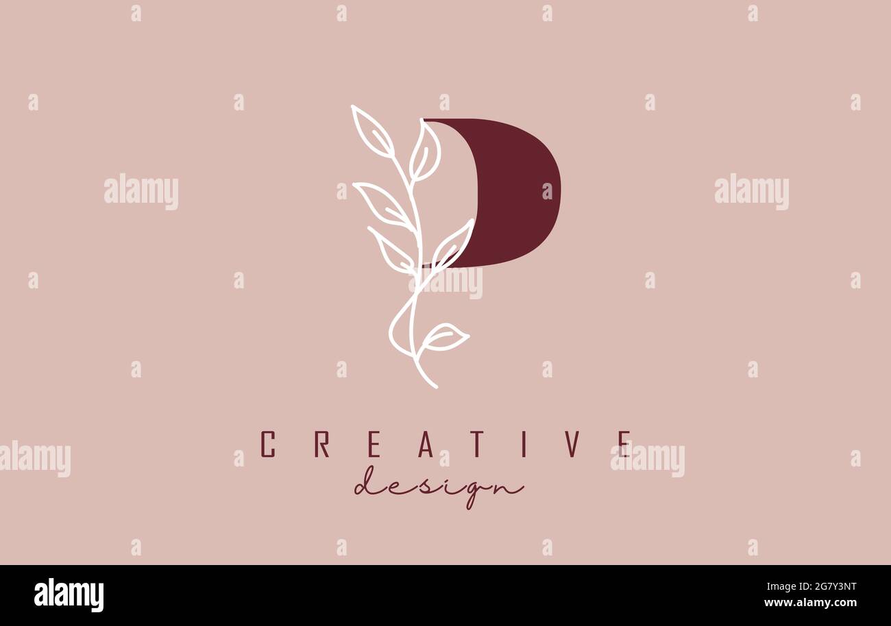 Red P letter logo design with white leaves branch vector illustration ...