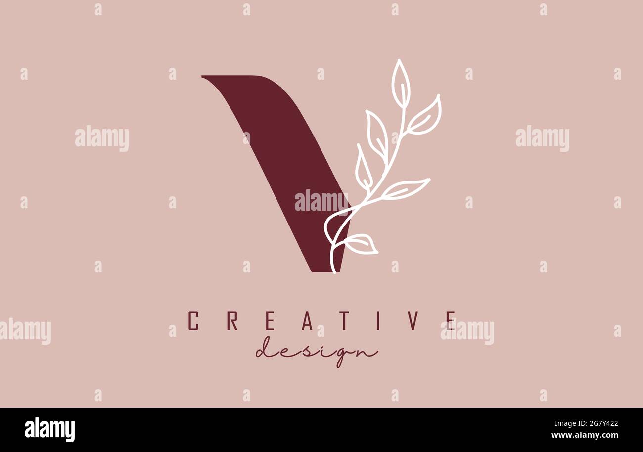 Red V letter logo design with white leaves branch vector illustration ...