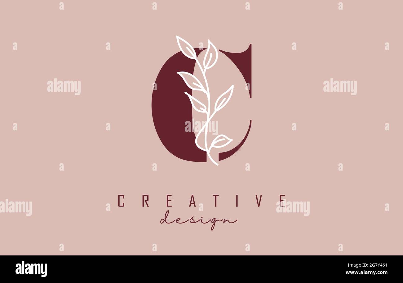 Red C letter logo design with white leaves branch vector illustration ...