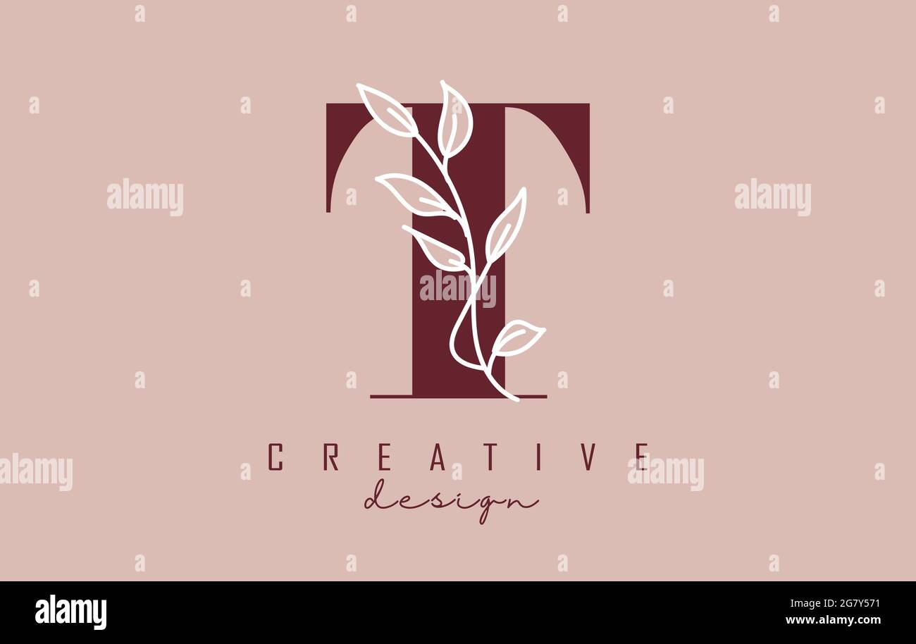 Red T letter logo design with white leaves branch vector illustration ...