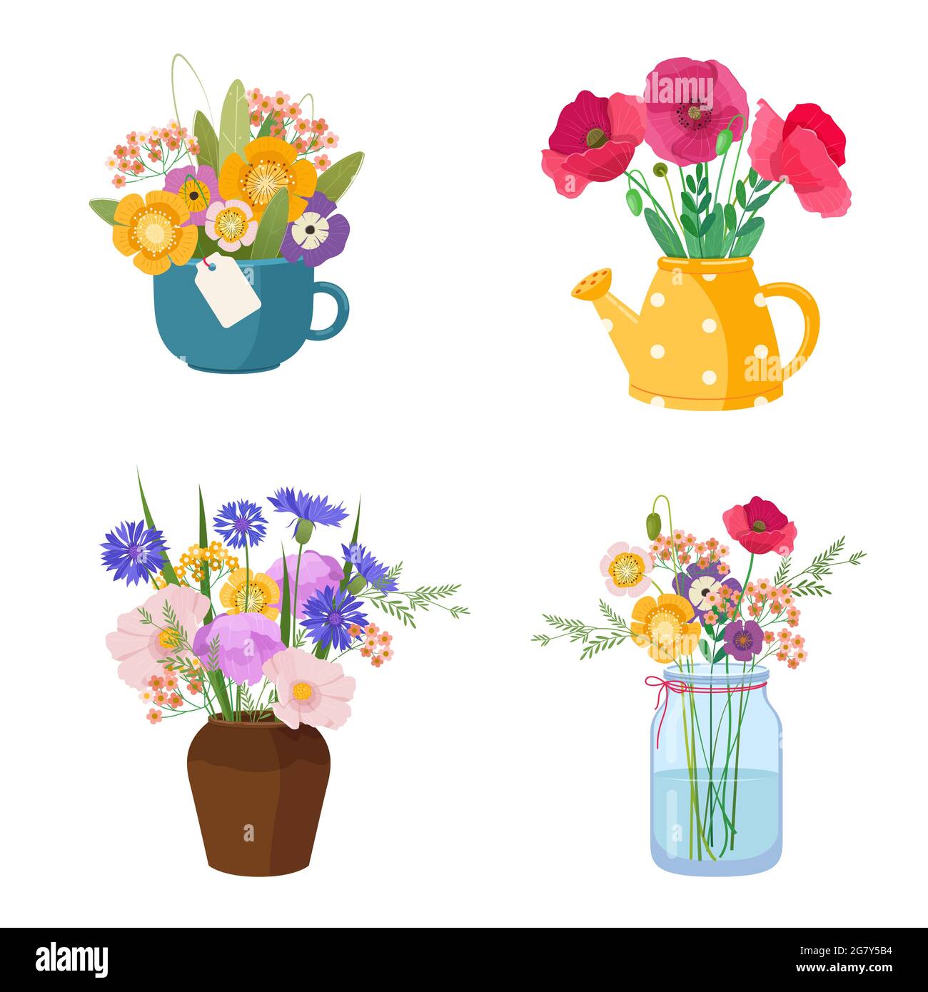 Four beautiful wildflower bouquets in different containers Stock Vector ...