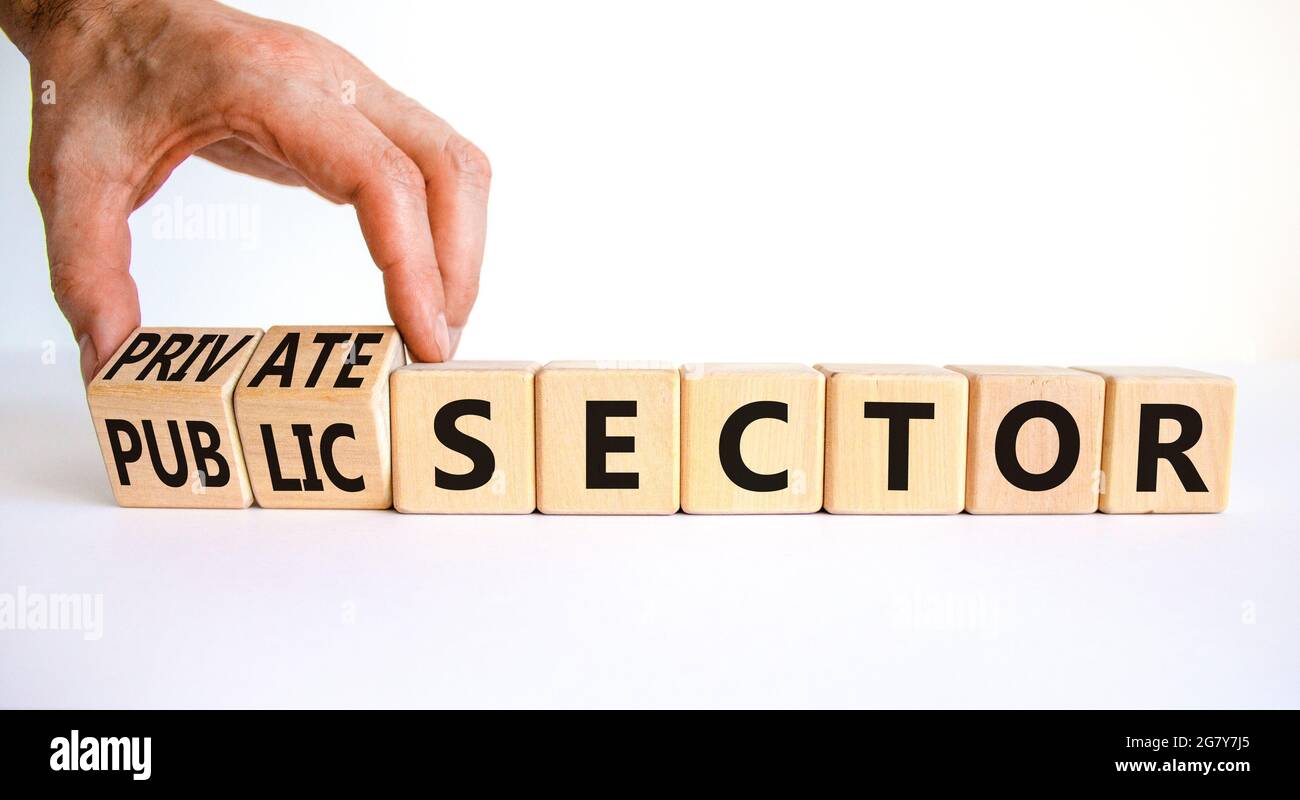 Private or public sector symbol. Businessman turns cubes and changes ...