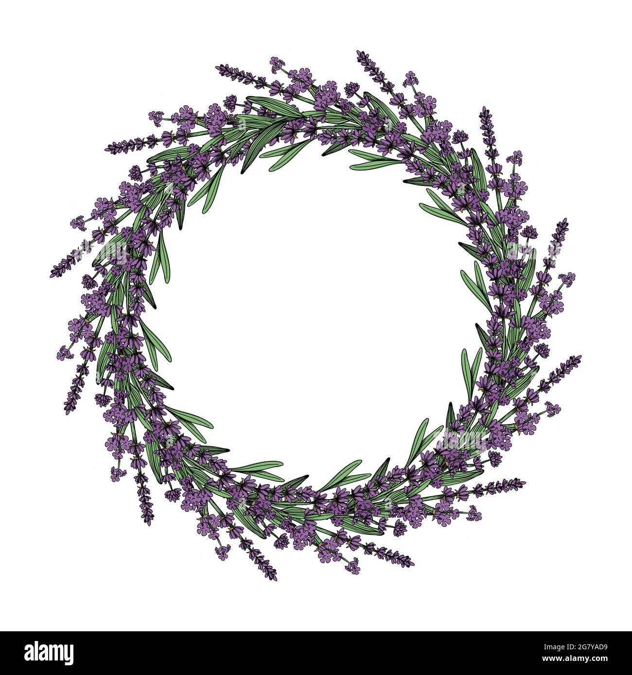 Round floral frame with violet lavender flowers. Vintage hand drawn ...