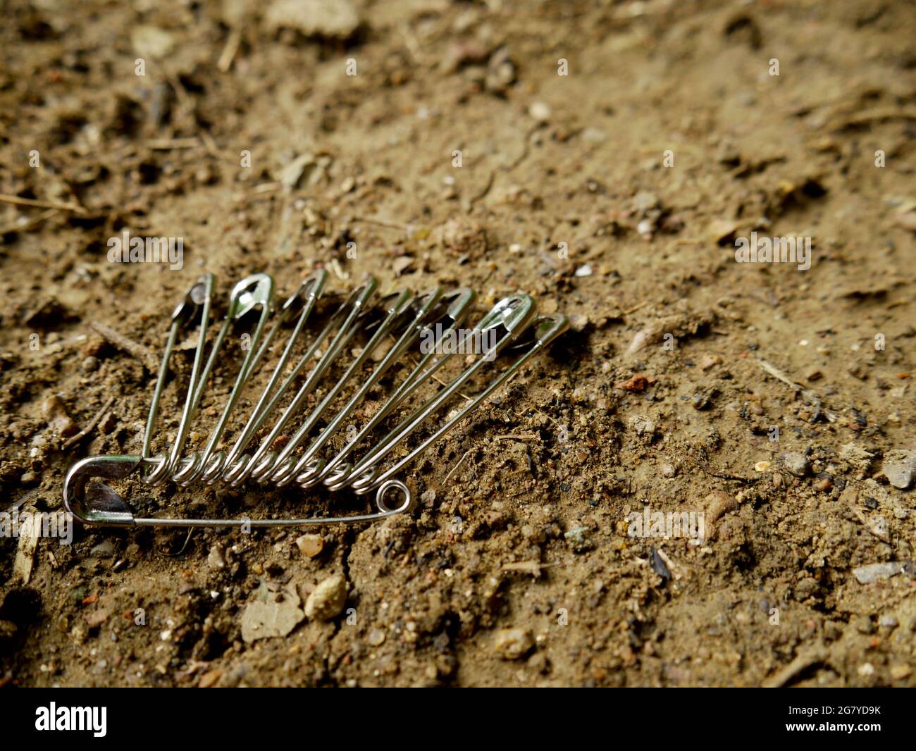 Safety pins collection kept on soil field, Human lifestyle concept ...