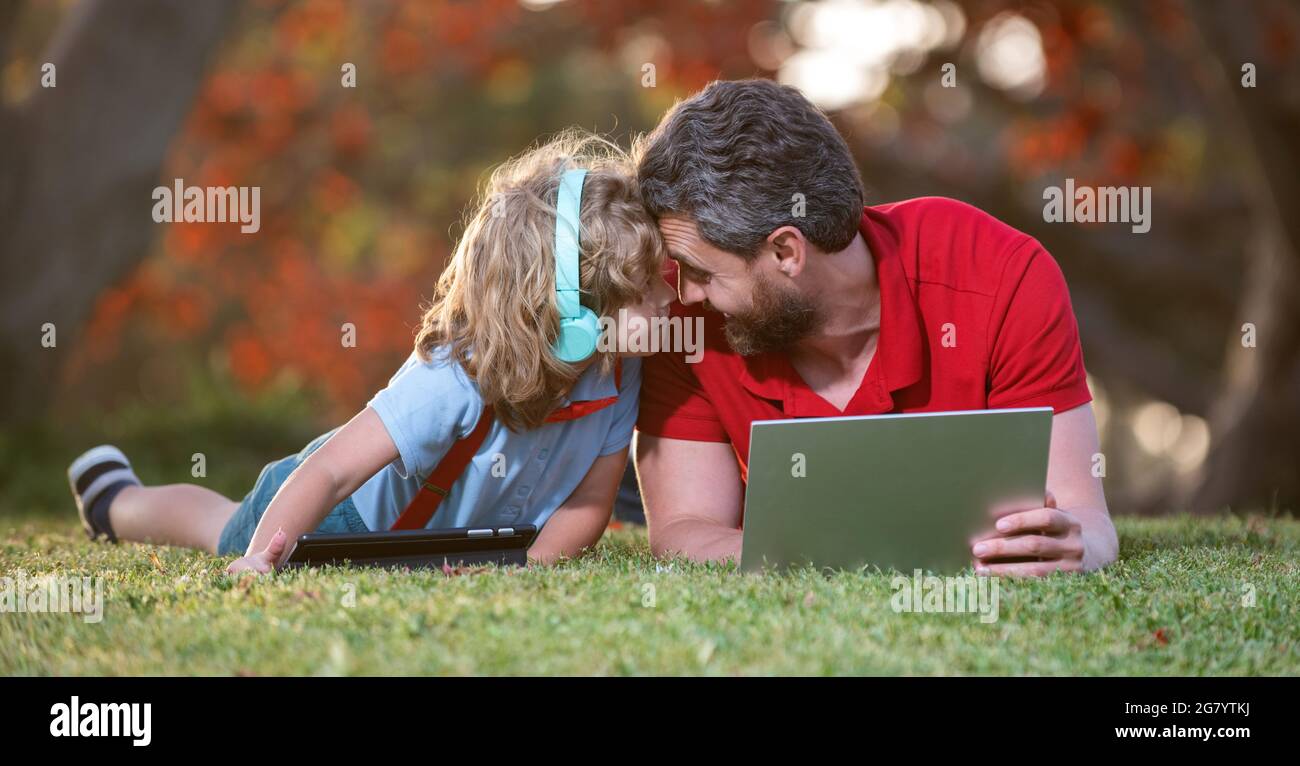 childhood and parenthood. happy boy listen music in headphones. webinar ...