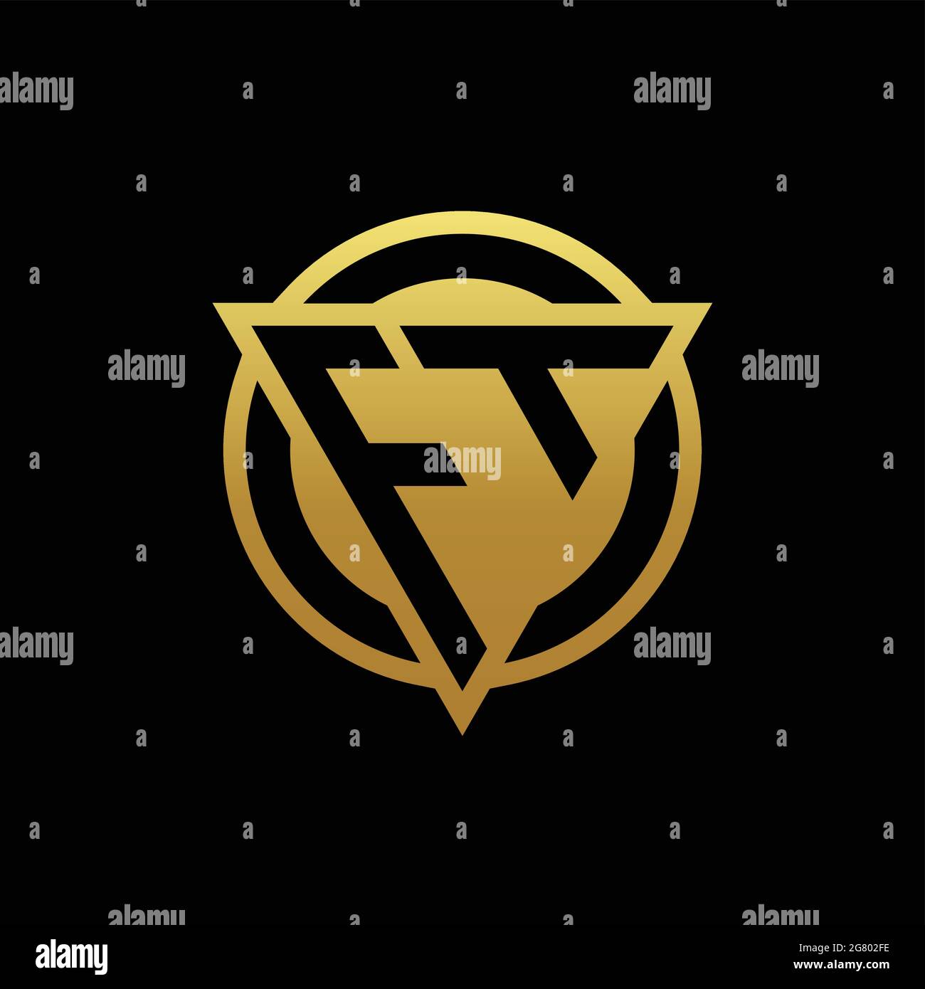 FT logo monogram with triangle shape and circle rounded style isolated on gold colors and black ...