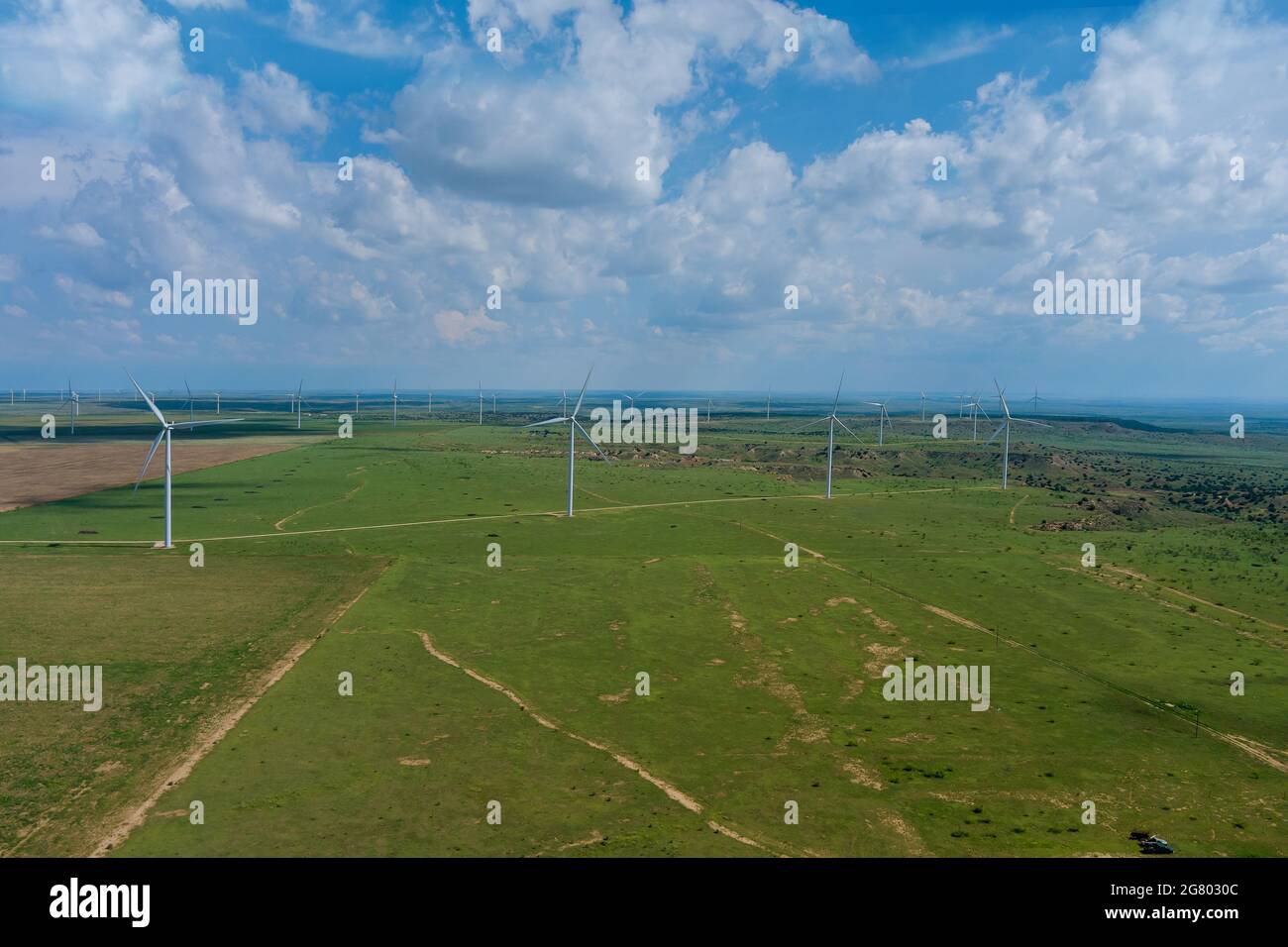 West Texas USA field of a larger wind farm with panoramic view wind ...