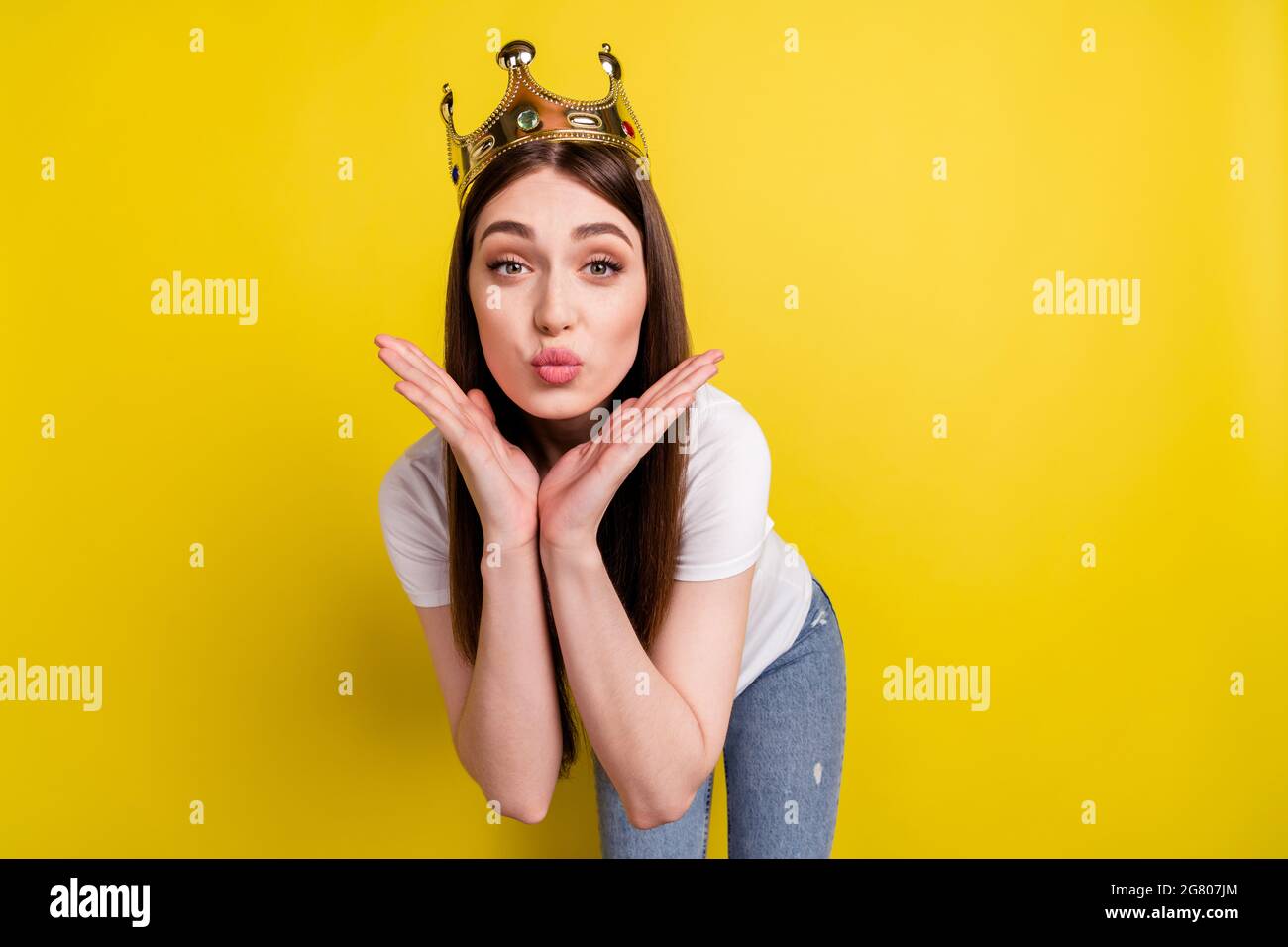 Portrait Of Attractive Feminine Amorous Girl Wearing Crown Sending You