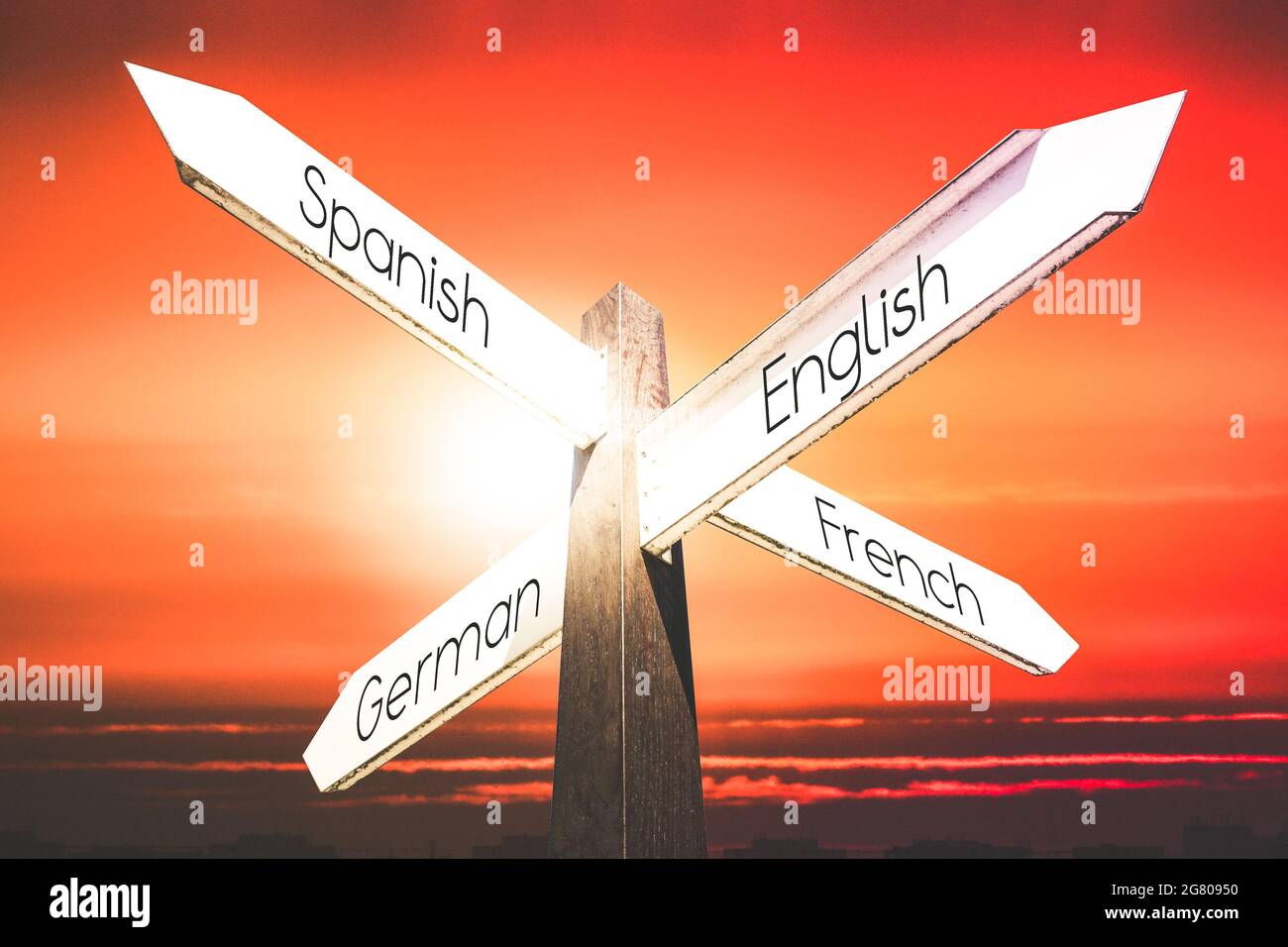 English, Spanish, French, German concept - signpost with four arrows ...