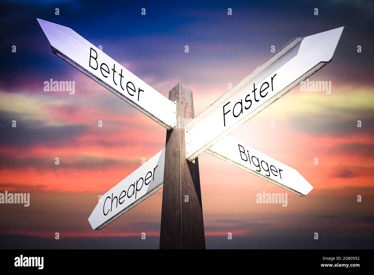 Better, faster, cheaper, bigger concept - signpost with four arrows ... Better, faster, cheaper, bigger concept - signpost with four arrows ...