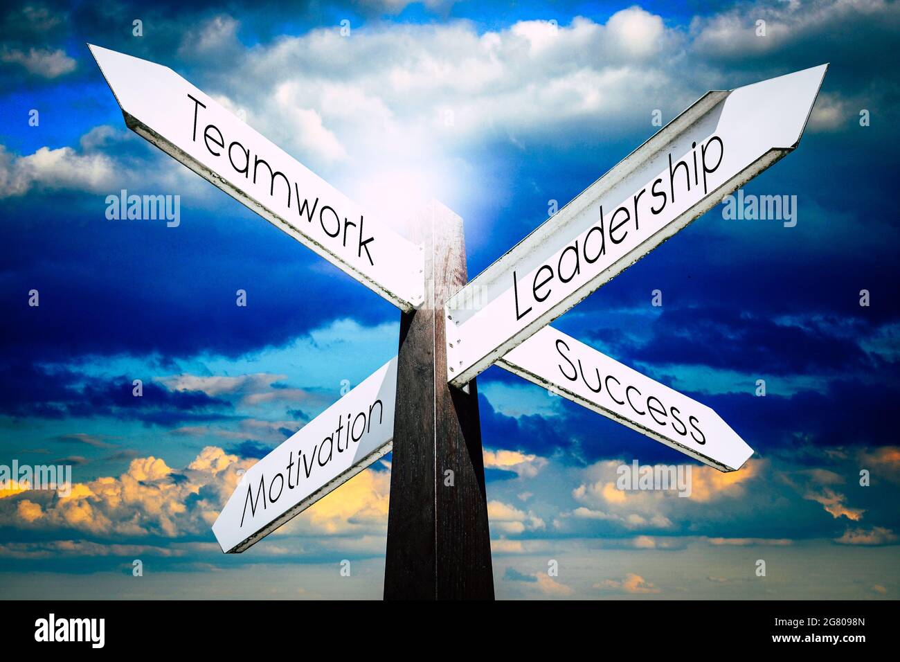 Teamwork, leadership, motivation, success concept - signpost with four ...