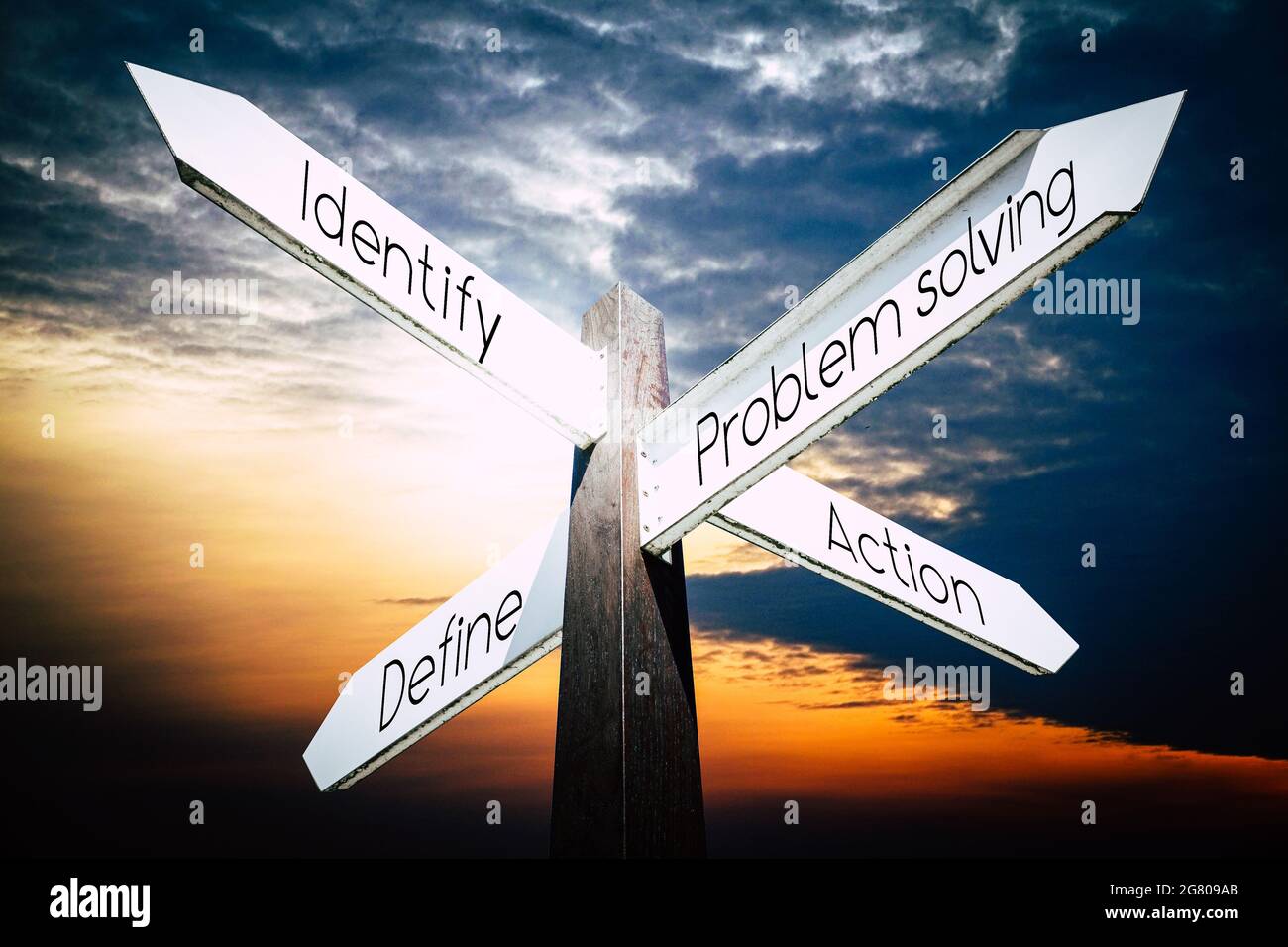 Problem solving, identity, define, action concept - signpost with four ... Problem solving, identity, define, action concept - signpost with four ...