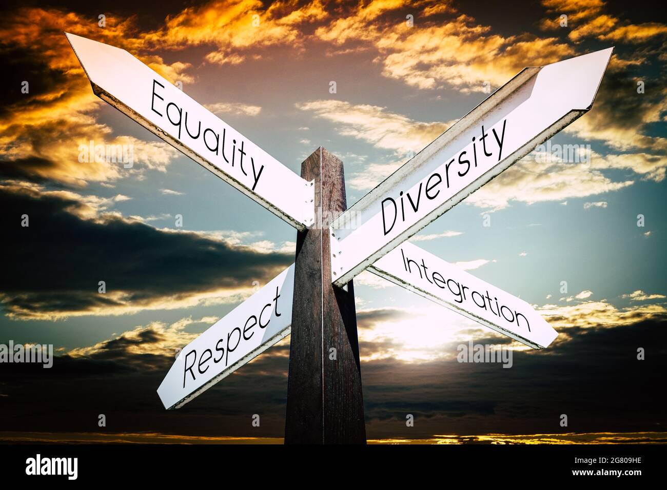 Diversity, equality, respect, integration concept - signpost with four ...