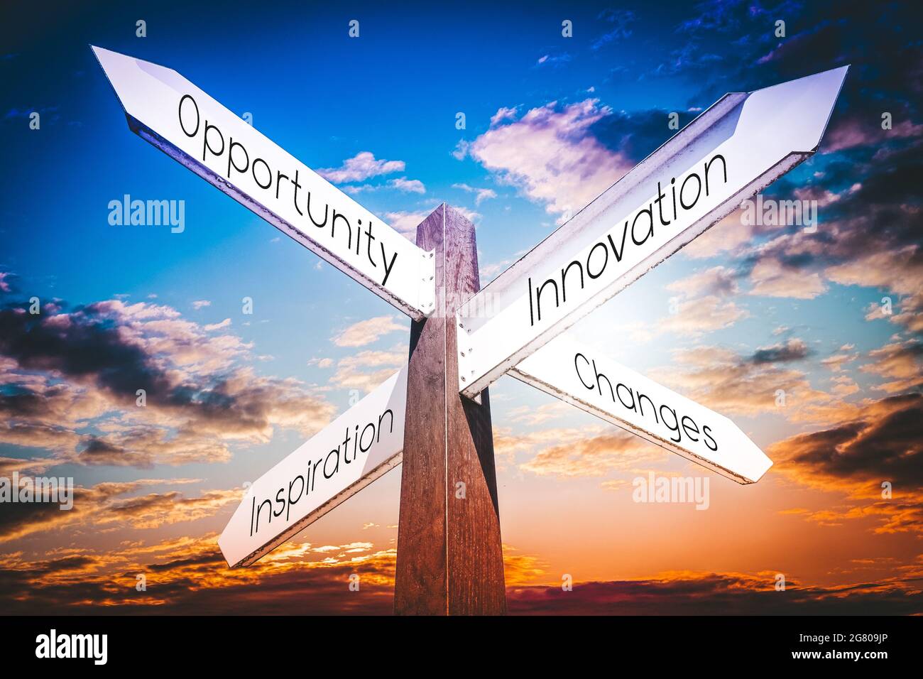 Opportunity, innovation, inspiration, changes concept - signpost with ...