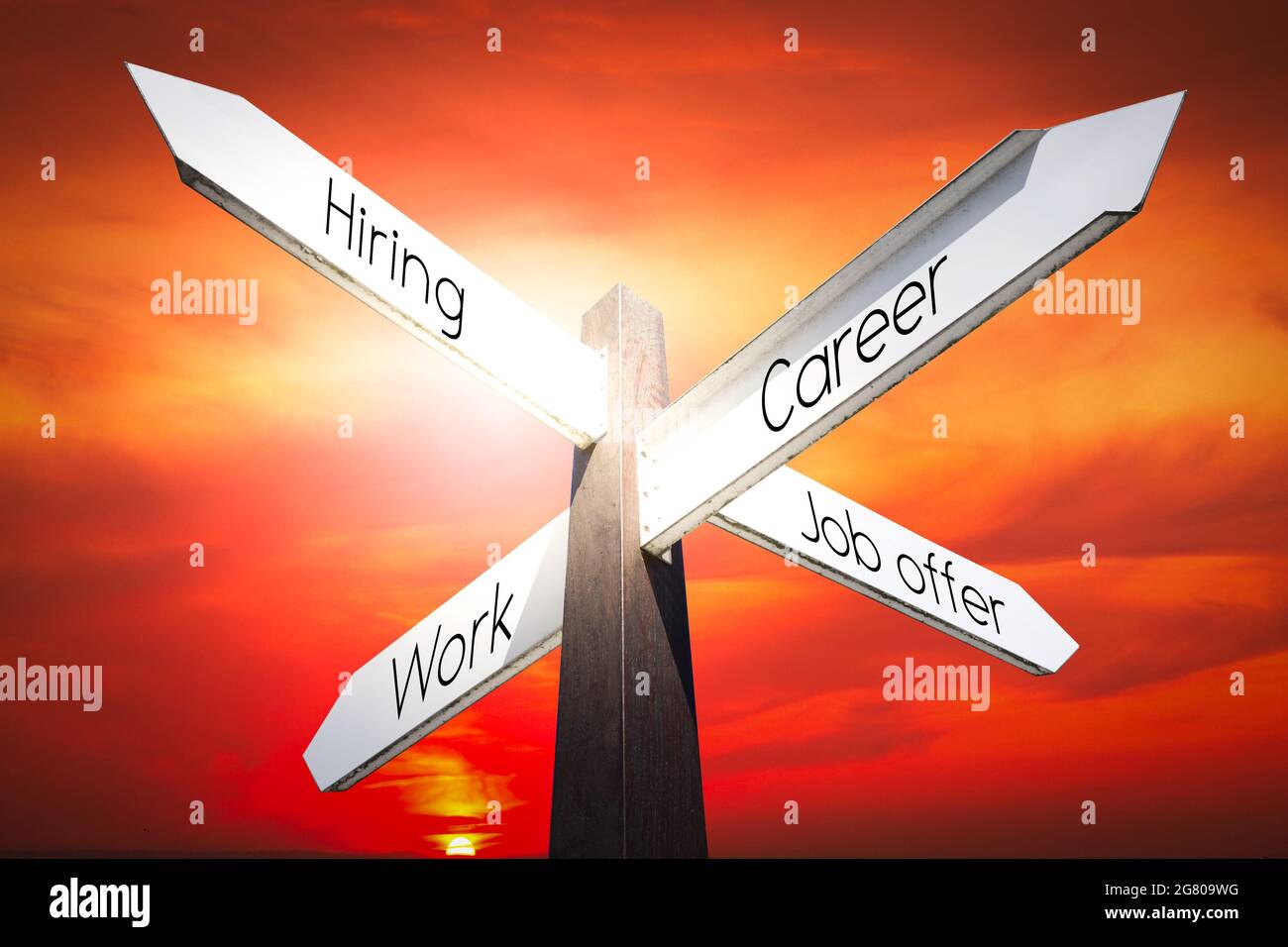 Hiring, career, work, job offer concept - signpost with four arrows ...