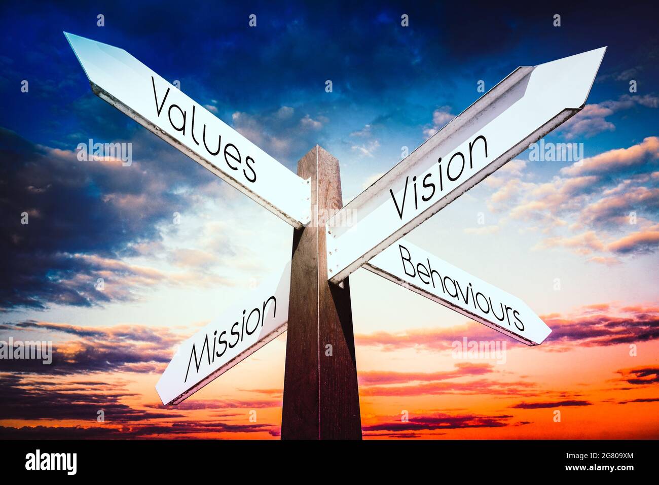 Values, vision, mission, behaviours concept - signpost with four arrows ...