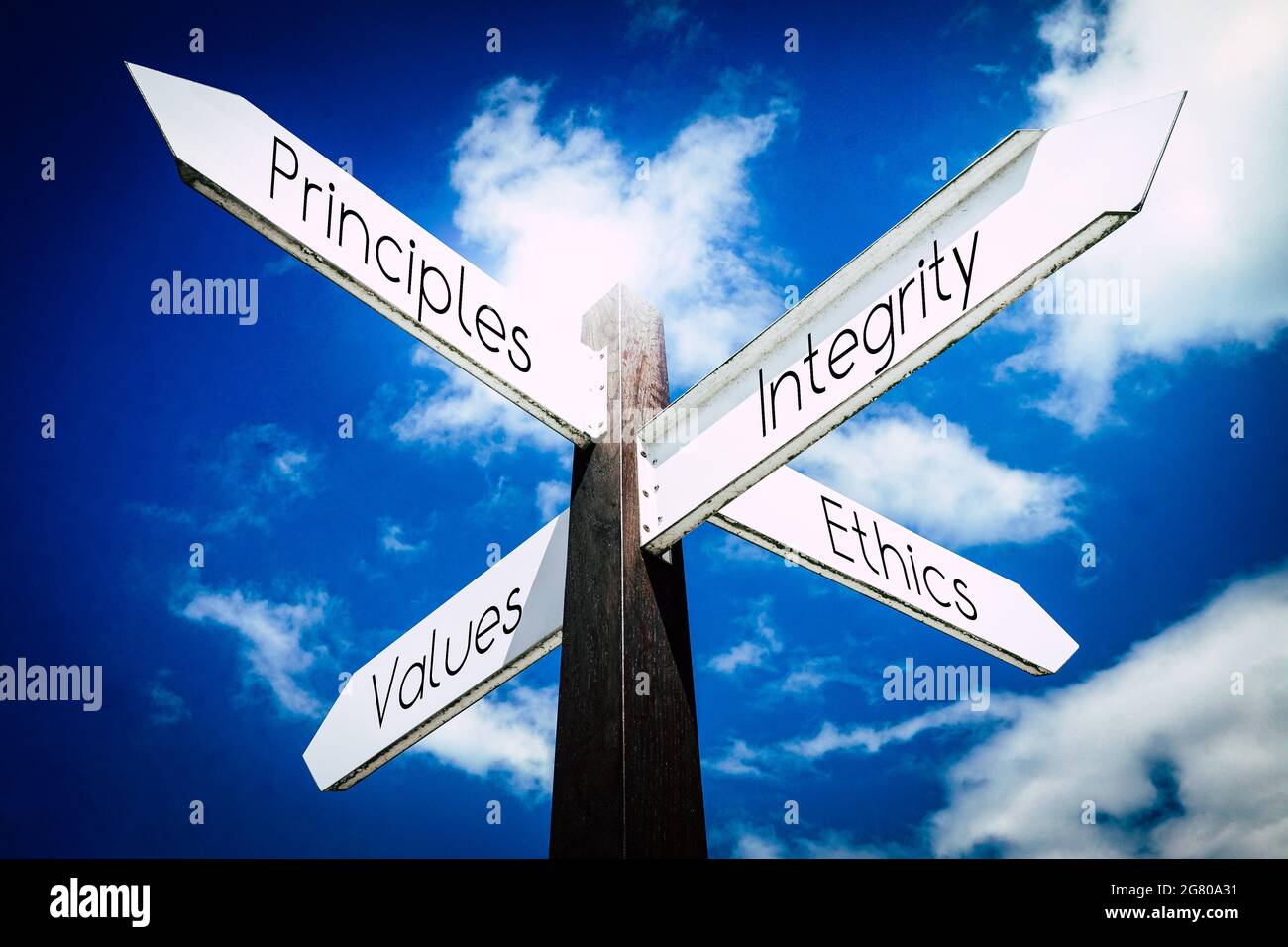 Principles, integrity, values, ethics concept - signpost with four ...