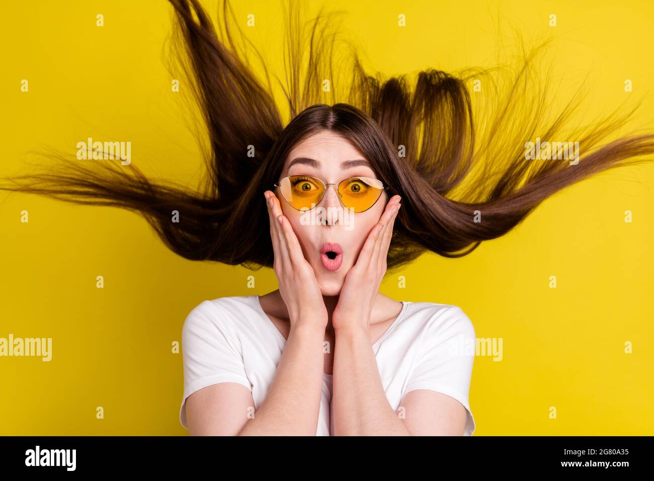Photo of young excited girl amazed surprised fake novelty news reaction ...