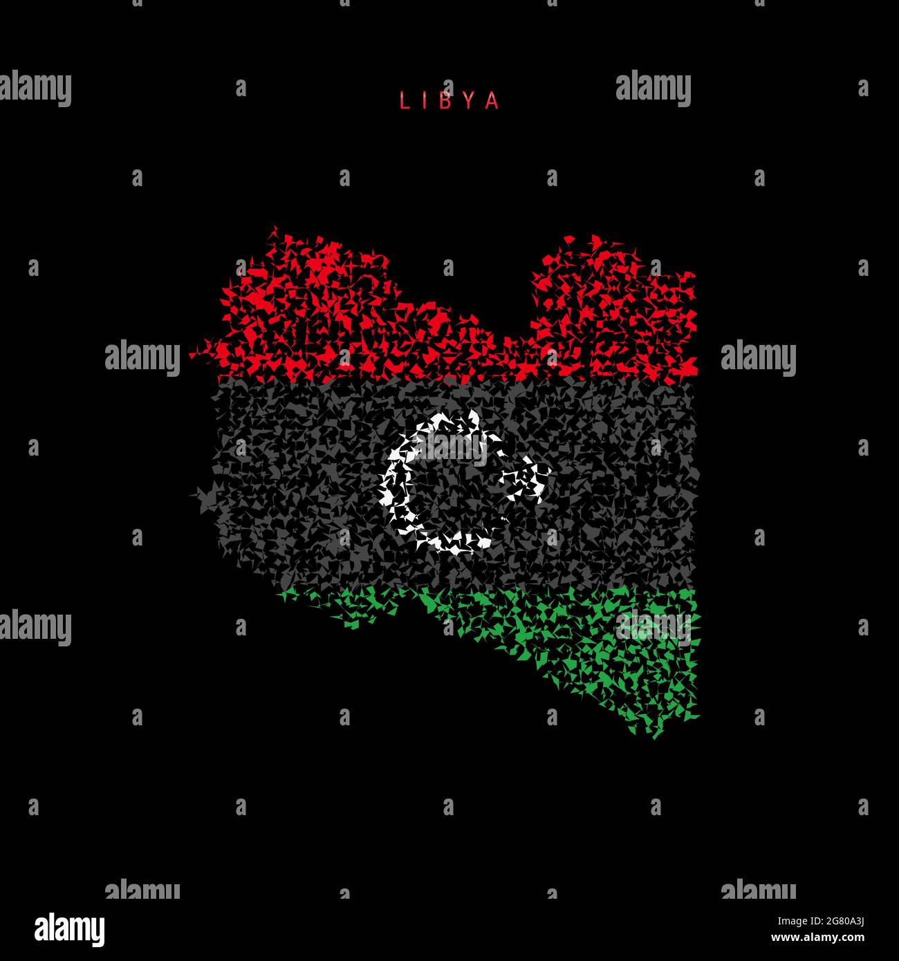 Libya flag map, chaotic particles pattern in the colors of the Libyan ...