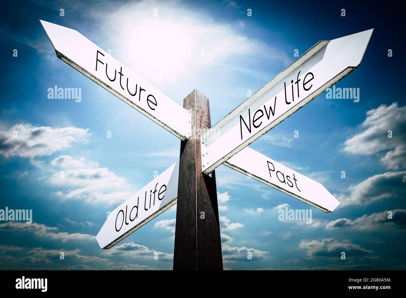 Future, past, old life, new life concept - signpost with four arrows ...