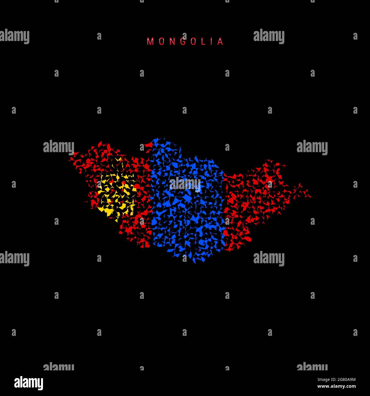 Mongolia flag map, chaotic particles pattern in the colors of the ...