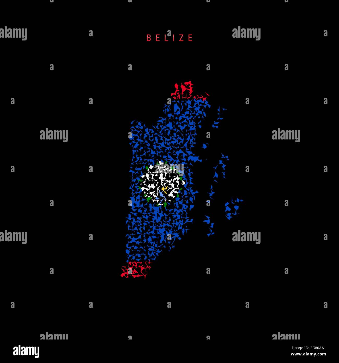 Belize flag map, chaotic particles pattern in the colors of the ...