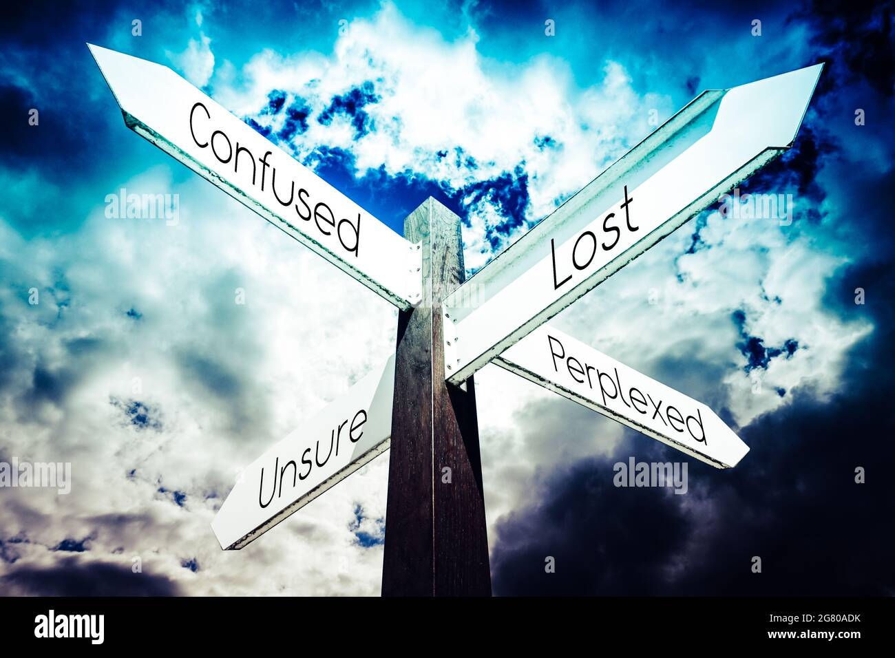Confused, lost, perplexed, unsure concept - signpost with four arrows ... Confused, lost, perplexed, unsure concept - signpost with four arrows ...