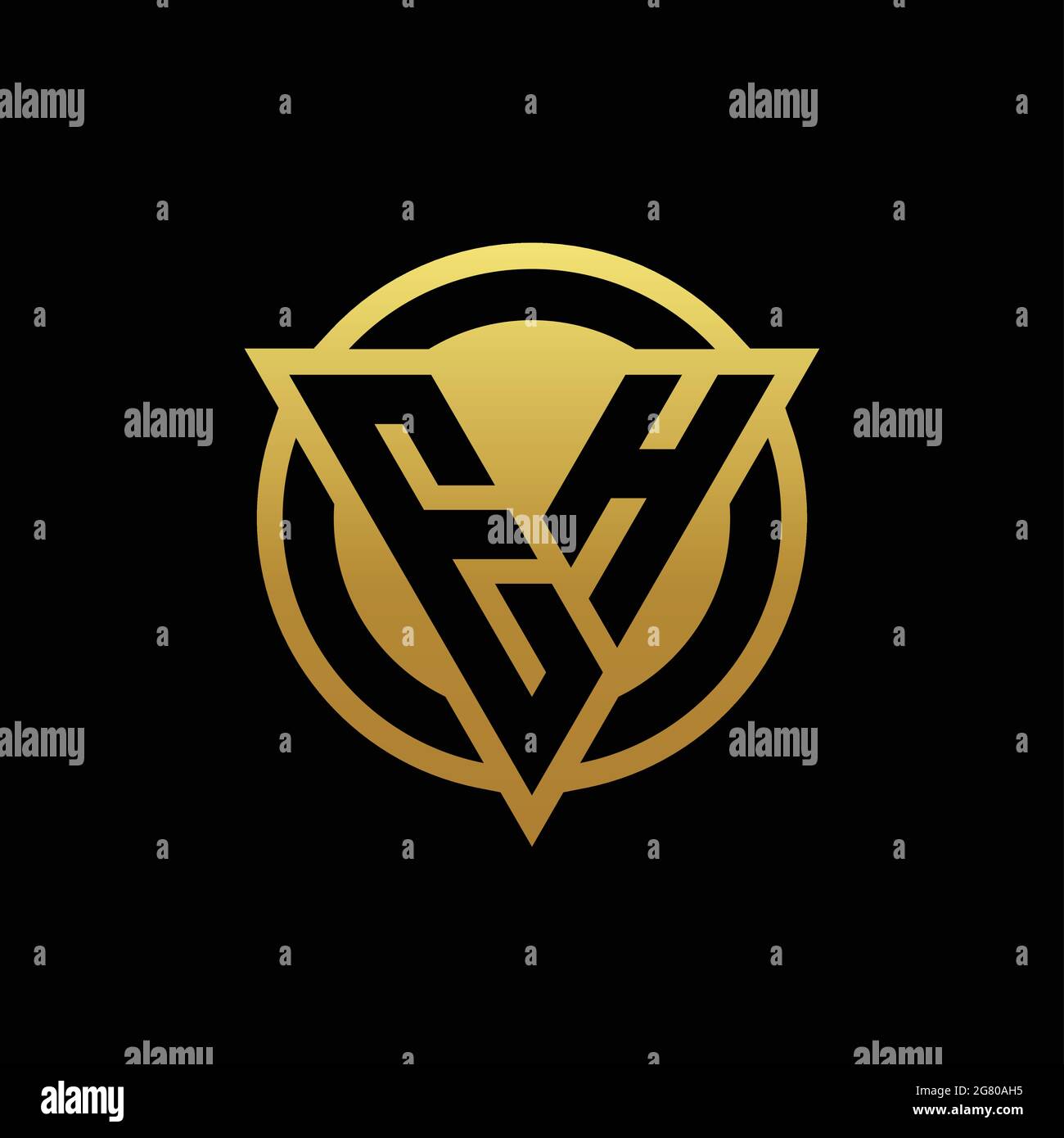 EH logo monogram with triangle shape and circle rounded style isolated on gold colors and black ...