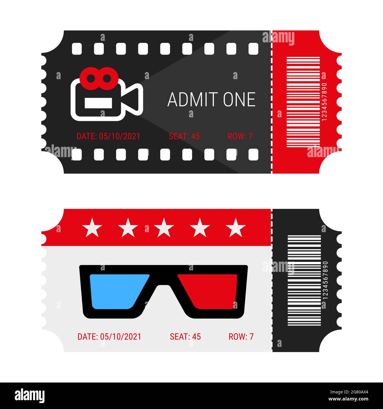 Two red and black designed movie tickets with barcode. A couple of ...
